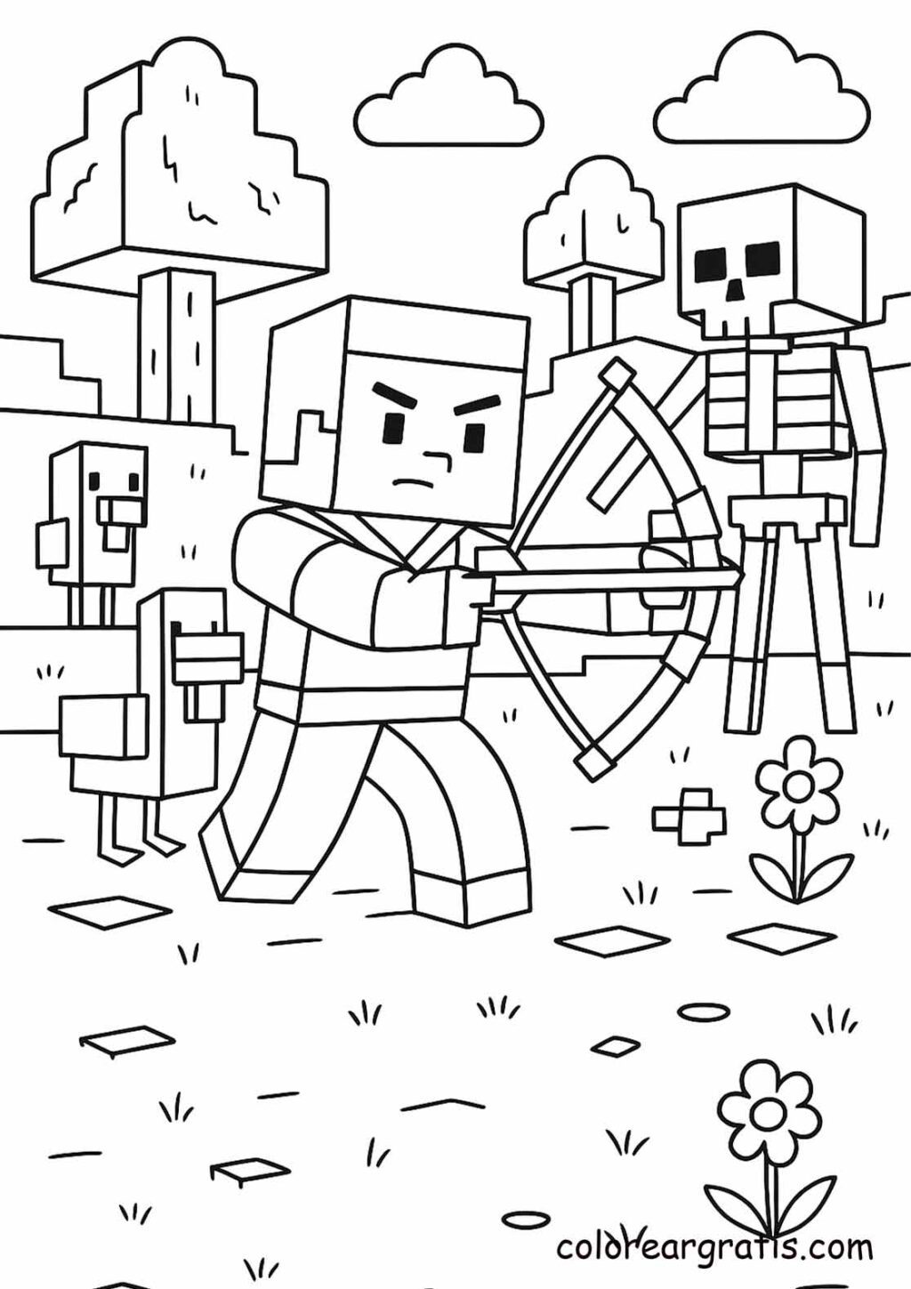 Minecraft Coloring Steve Bow Skeleton – Free Printable PDF